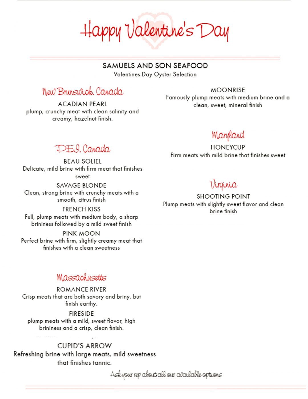 Valentines Day Oyster Menu | Samuels Seafood