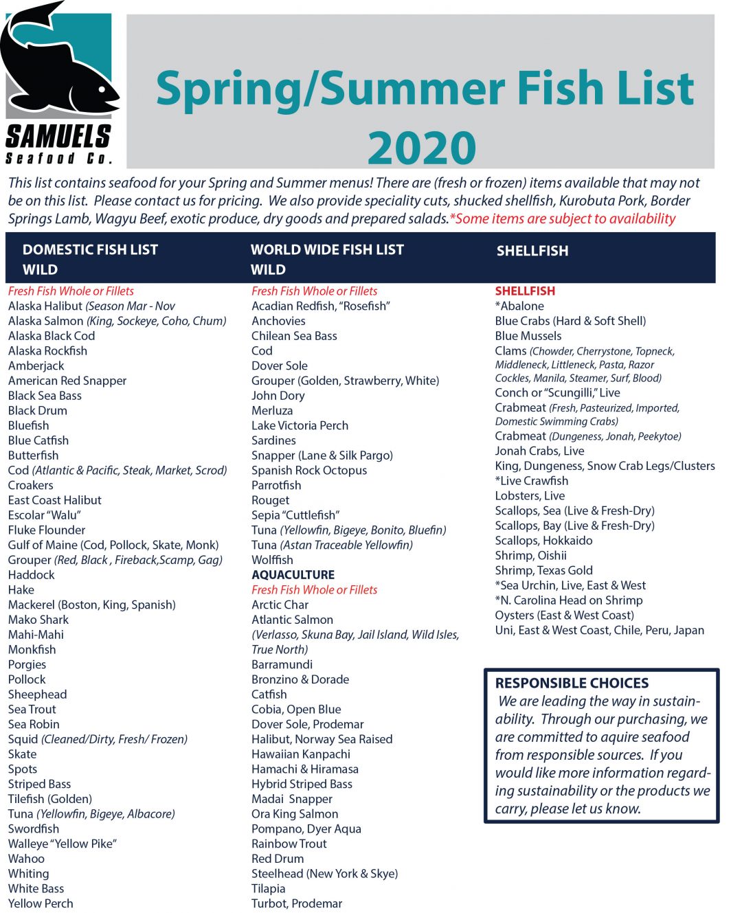 Seasonal Fish List | Samuels Seafood
