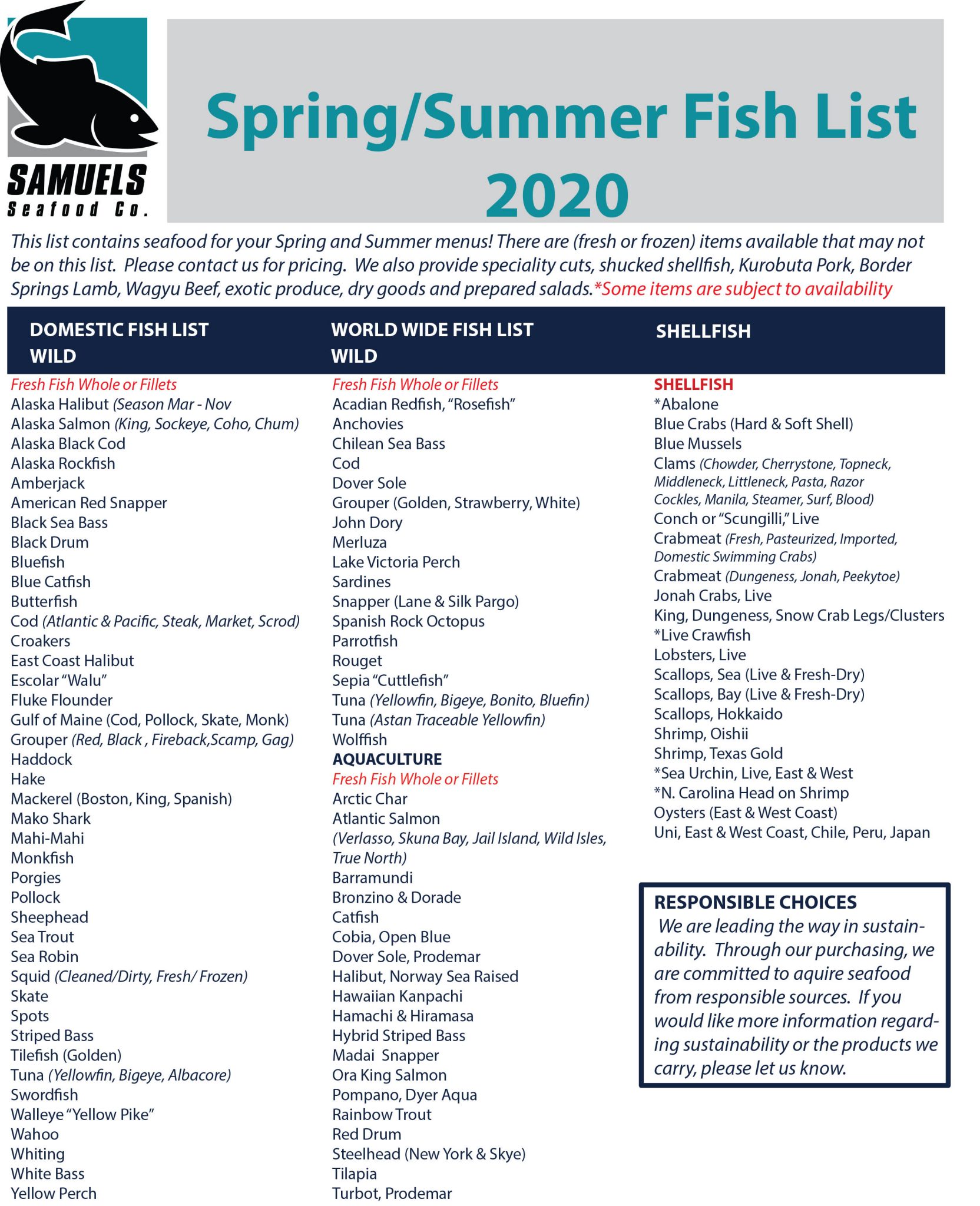 Seasonal Fish List | Samuels Seafood