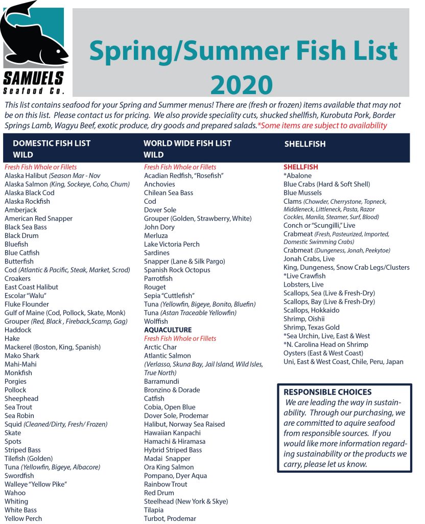 Seasonal Fish List | Samuels Seafood